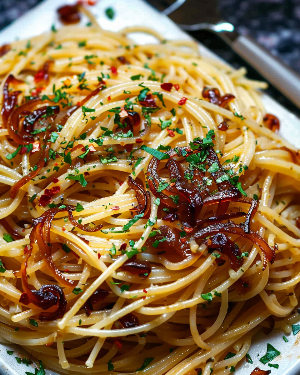 Caramelized Onion and Garlic Spaghetti – Easy Vegetarian Pasta Recipe ...