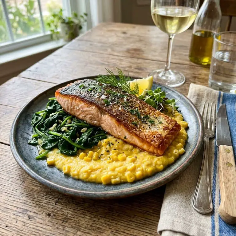 Pan-Seared Salmon with Spinach and Sweet Corn Puree - All Recipes Made